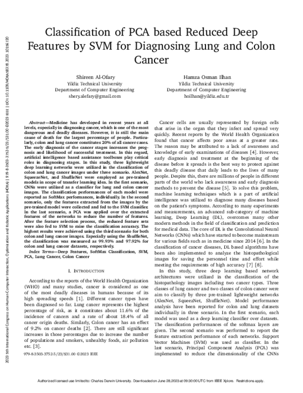 (PDF) Classification of PCA based Reduced Deep Features by SVM for Diagnosing Lung and Colon Cancer