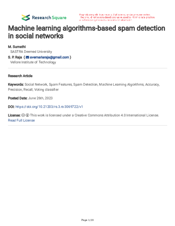 Pdf Machine Learning Algorithms Based Spam Detection In Social Networks