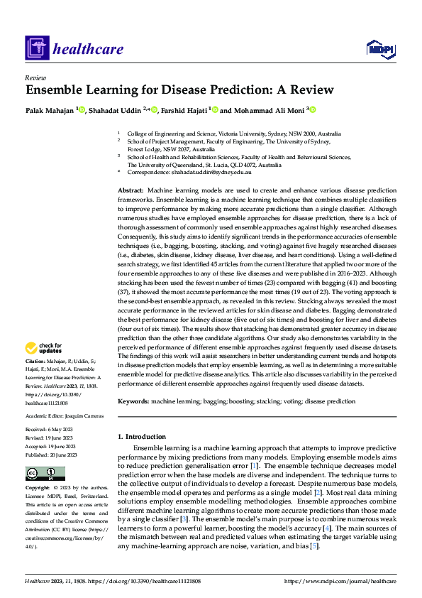 Pdf Ensemble Learning For Disease Prediction A Review