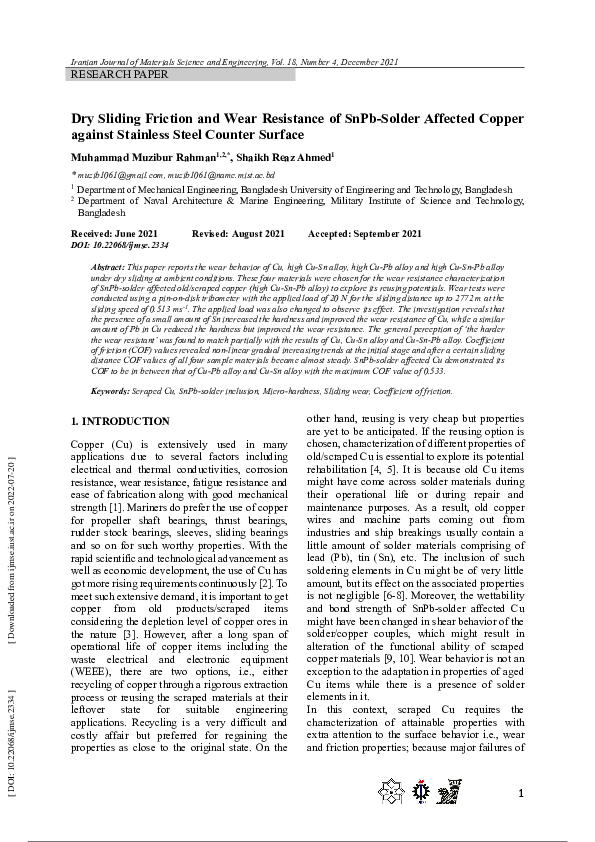 (PDF) Dry Sliding Friction and Wear Resistance of SnPb-Solder Affected ...