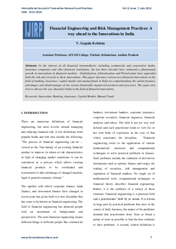 (PDF) Financial Engineering and Risk Management Practices: A way ahead ...