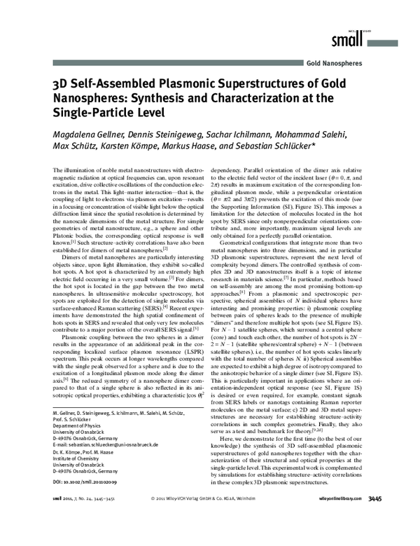 Pdf 3d Self Assembled Plasmonic Superstructures Of Gold Nanospheres