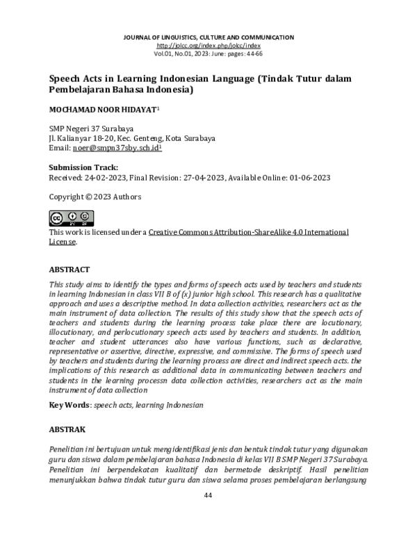 (PDF) Speech Acts in Learning Indonesian Language (Tindak Tutur dalam Pembelajaran Bahasa ...