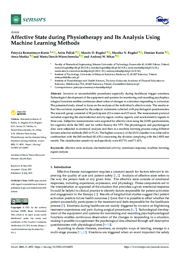 (PDF) Affective State during Physiotherapy and Its Analysis Using Machine Learning Methods