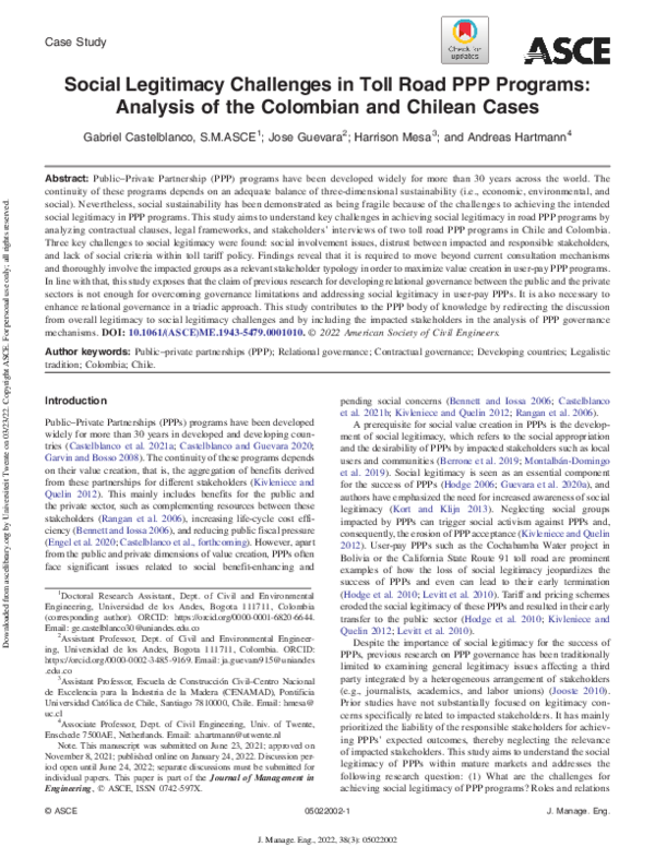 (PDF) Social Legitimacy Challenges in Toll Road PPP Programs: Analysis ...