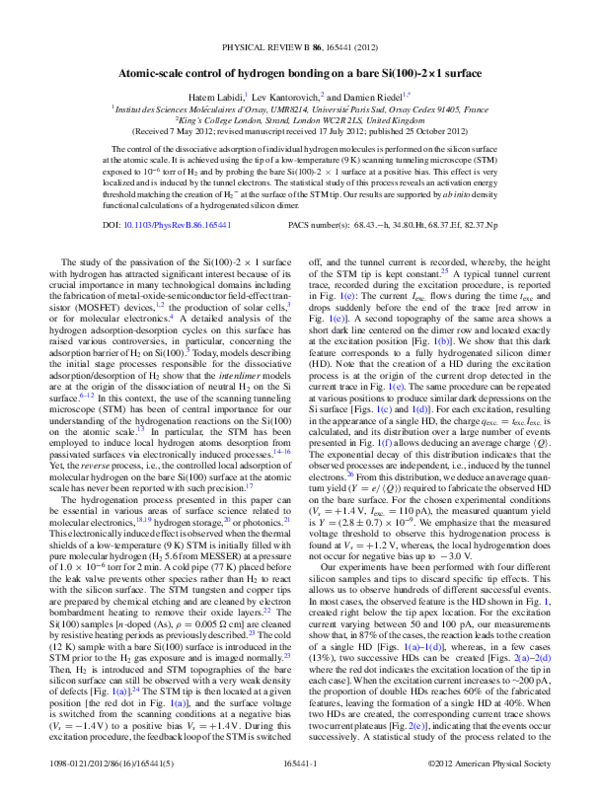 (PDF) Atomic-scale control of hydrogen bonding on a bare Si(100)-2×1 ...