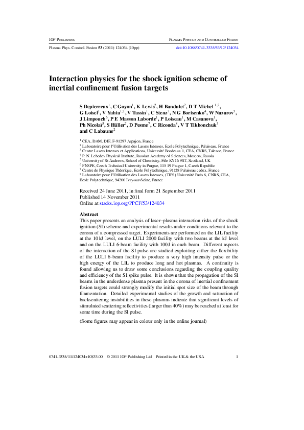 (PDF) Interaction physics for the shock ignition scheme of inertial ...