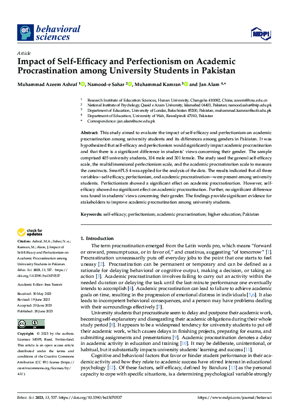 (PDF) Impact of Self-Efficacy and Perfectionism on Academic Procrastination among University ...