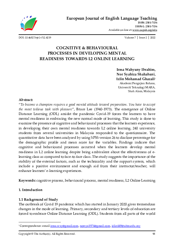 (PDF) COGNITIVE & BEHAVIOURAL PROCESSES IN DEVELOPING MENTAL READINESS ...
