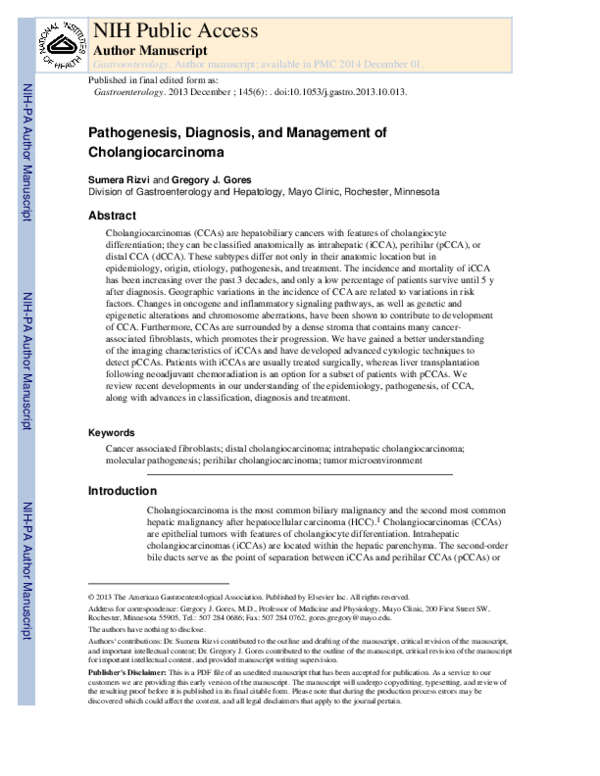 (PDF) Pathogenesis, Diagnosis, and Management of Cholangiocarcinoma