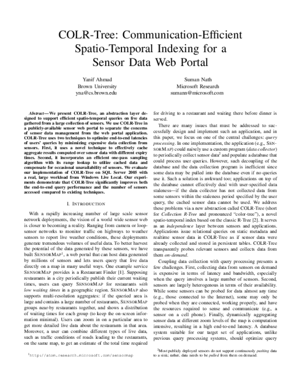 Pdf Colr Tree Communication Efficient Spatio Temporal Indexing For A Sensor Data Web Portal
