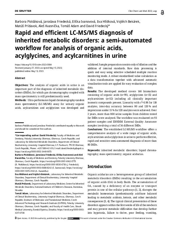 (PDF) Rapid and efficient LC-MS/MS diagnosis of inherited metabolic ...