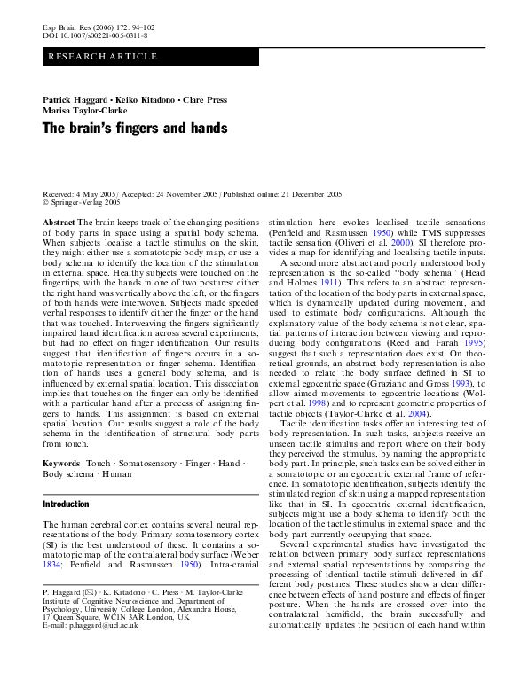 (PDF) The brain’s fingers and hands