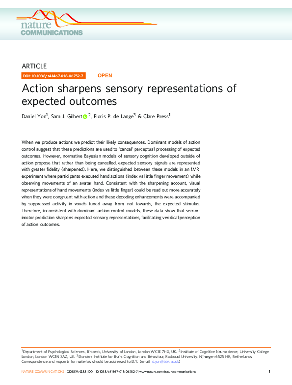 (PDF) Action sharpens sensory representations of expected outcomes