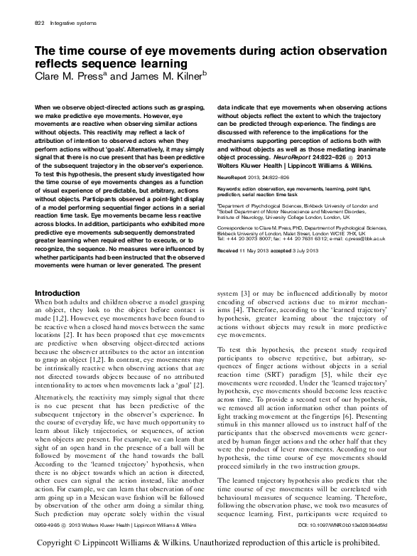 (PDF) The time course of eye movements during action observation reflects sequence learning