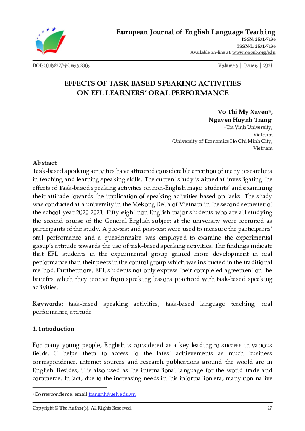 (PDF) Effects of Task Based Speaking Activities on Efl Learners’ Oral Performance