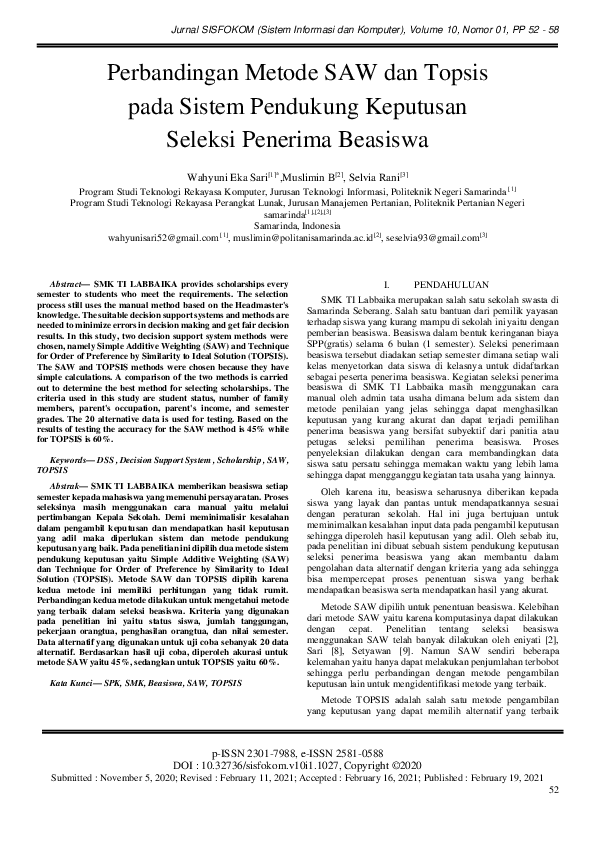 (PDF) Perbandingan Metode SAW dan Topsis pada Sistem Pendukung Keputusan Seleksi Penerima Beasiswa