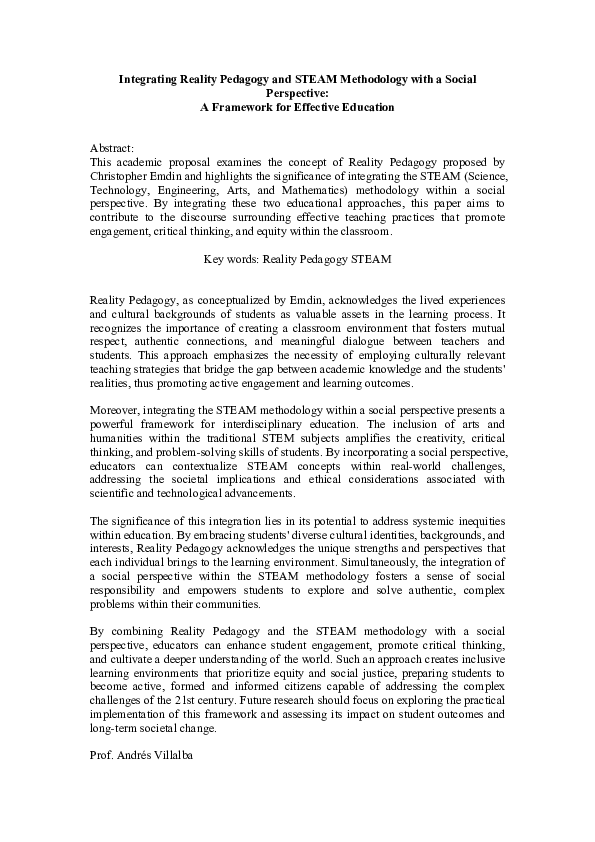(PDF) Integrating Reality Pedagogy and STEAM Methodology with a Social ...