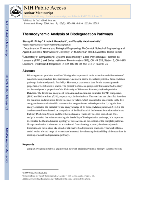 (PDF) Thermodynamic analysis of biodegradation pathways