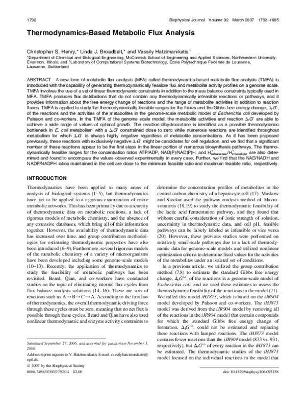 (PDF) Thermodynamics-Based Metabolic Flux Analysis | Vassily ...