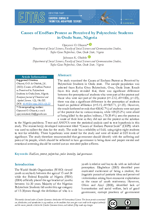 (PDF) Causes of EndSars Protest as Perceived by Polytechnic Students in ...