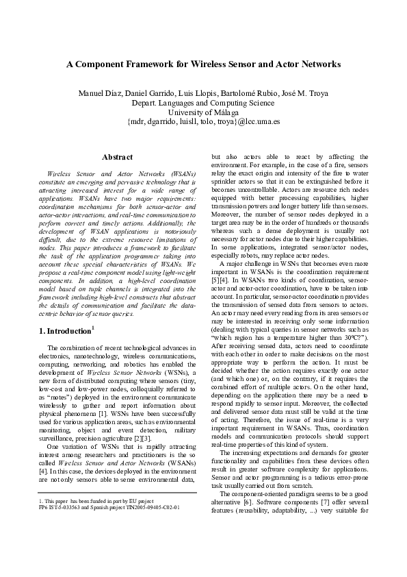 Pdf A Component Framework For Wireless Sensor And Actor Networks Manuel Diaz