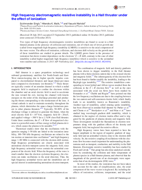 (PDF) High frequency electromagnetic resistive instability in a Hall ...