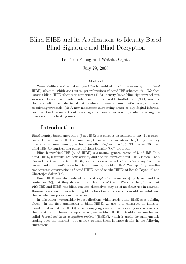 (PDF) Blind HIBE and its Applications to Identity-Based Blind Signature and Blind Decryption