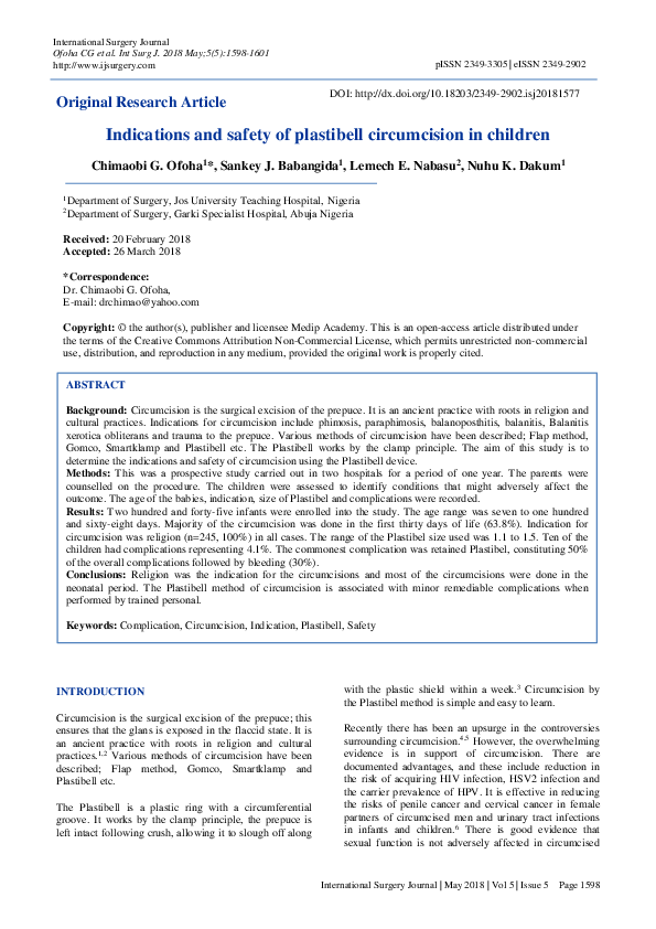 (PDF) Indications and safety of plastibell circumcision in children ...