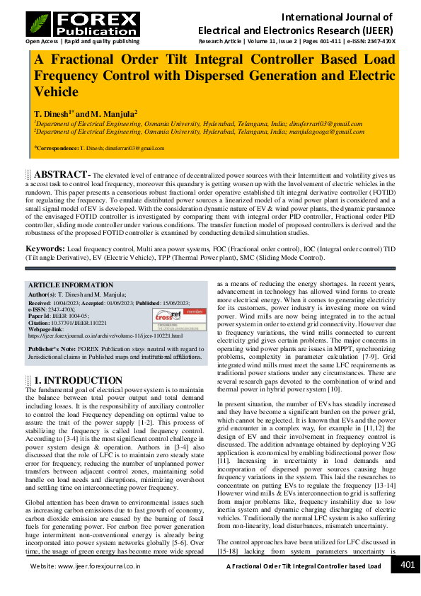 (PDF) A Fractional Order Tilt Integral Controller Based Load Frequency Control with Dispersed ...