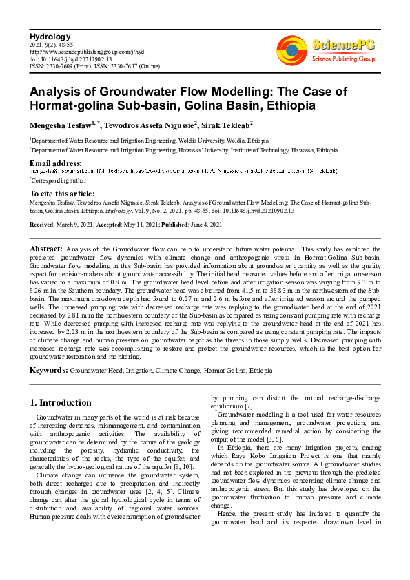 (PDF) Analysis of Groundwater Flow Modelling: The Case of Hormat-golina Sub-basin, Golina Basin ...