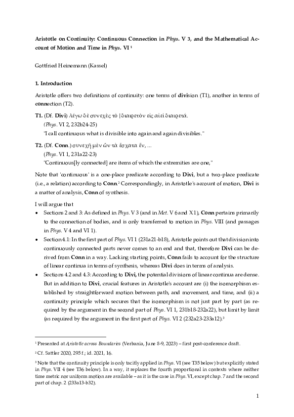 (PDF) Aristotle on Continuity: Continuous Connection in Phys. V 3, and ...