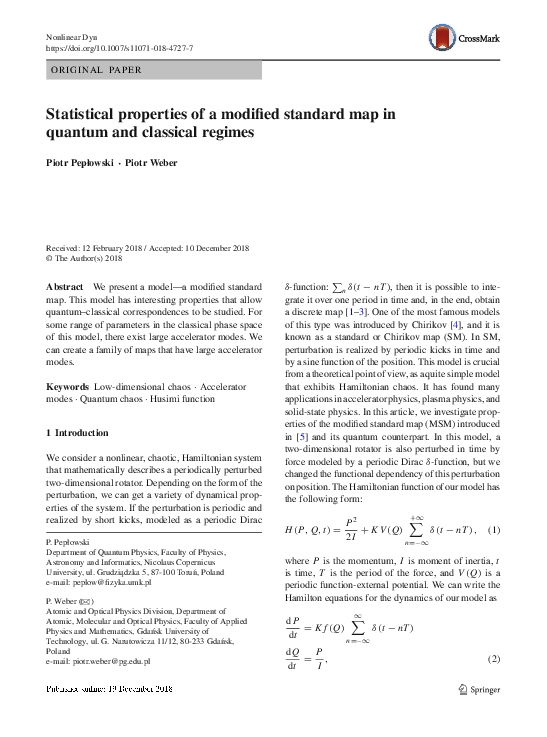 (PDF) Statistical properties of a modified standard map in quantum and classical regimes