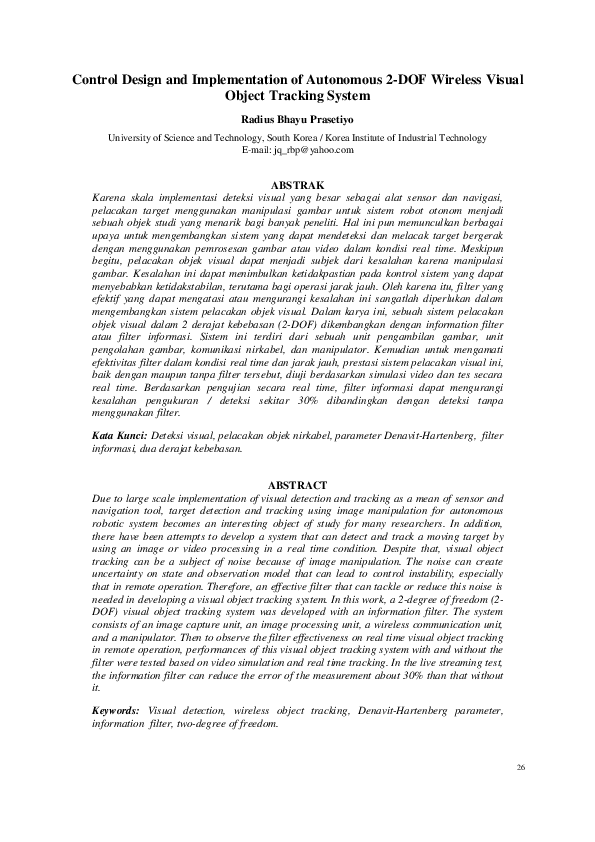 (PDF) Control Design and Implementation of Autonomous 2-DOF Wireless Visual Object Tracking System