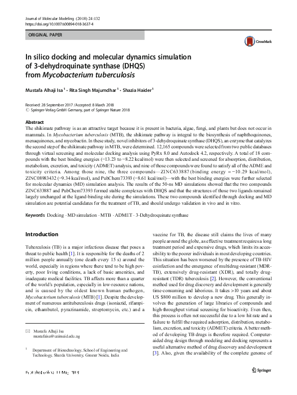(PDF) In silico docking and molecular dynamics simulation of 3-dehydroquinate synthase (DHQS ...