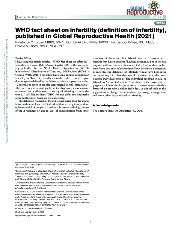 (PDF) WHO fact sheet on infertility (definition of infertility ...