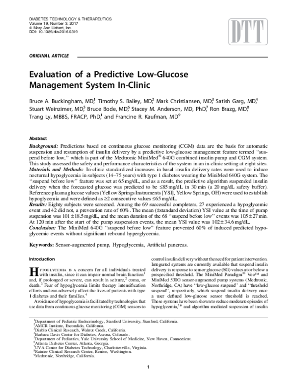 Pdf Evaluation Of A Predictive Low Glucose Management System In Clinic