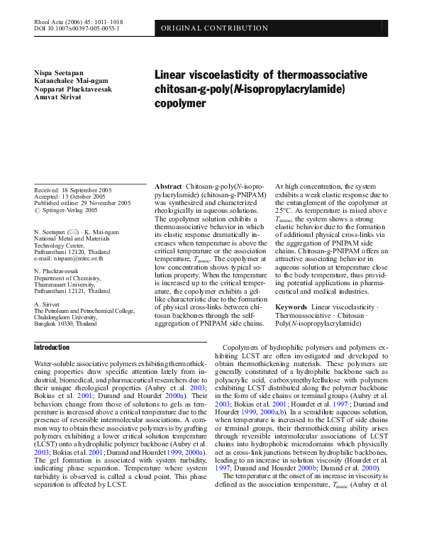 (PDF) Linear viscoelasticity of thermoassociative chitosan-g-poly(N-isopropylacrylamide ...
