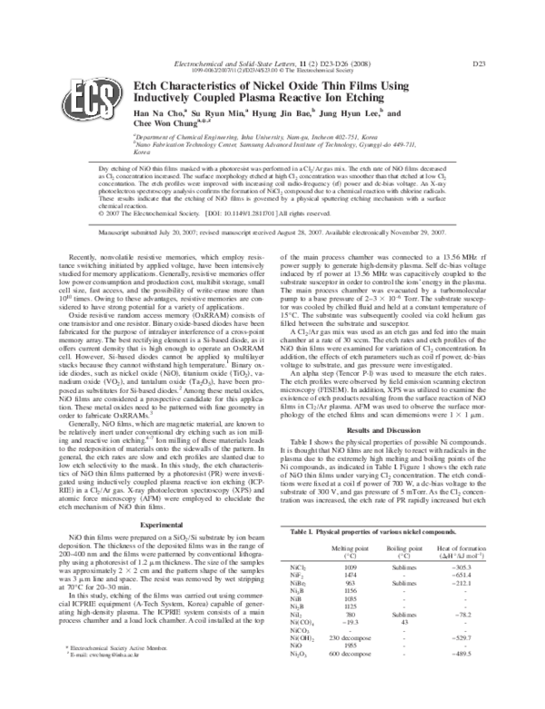 (PDF) Etch Characteristics of Nickel Oxide Thin Films Using Inductively ...