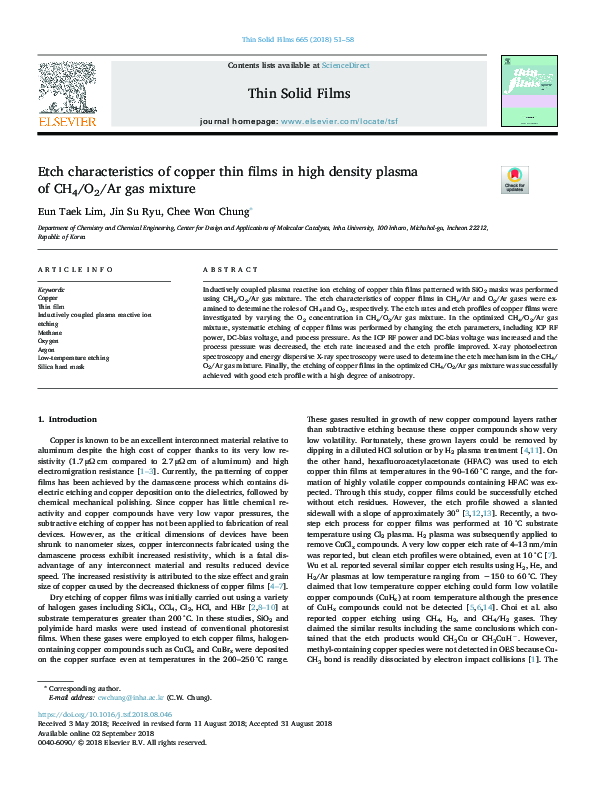 (PDF) Etch characteristics of copper thin films in high density plasma ...