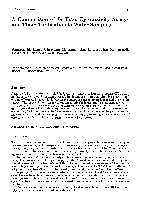 (PDF) A Comparison of In Vitro Cytotoxicity Assays and Their Application to Water Samples