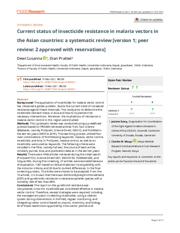 (PDF) Current status of insecticide resistance in malaria vectors in the Asian countries: a ...