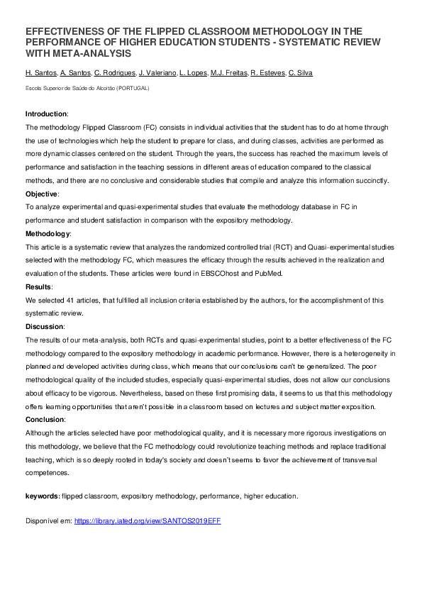 (PDF) Effectiveness of the Flipped Classroom Methodology in the Performance of Higher Education ...