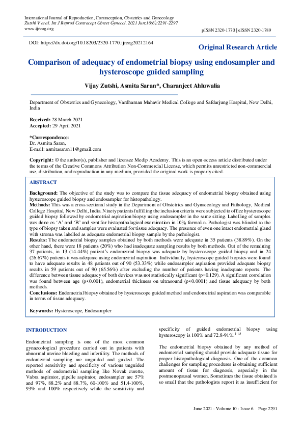 (PDF) Comparison of adequacy of endometrial biopsy using endosampler ...