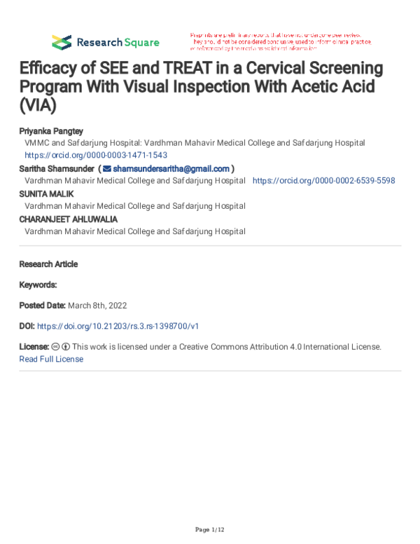 (PDF) Efficacy of SEE and TREAT in a Cervical Screening Program With ...