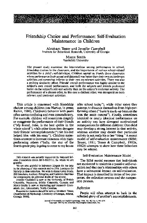 (PDF) Friendship choice and performance: Self-evaluation maintenance in ...