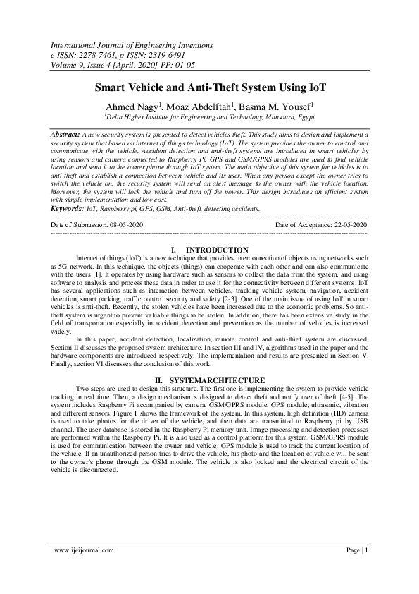 (PDF) Smart Vehicle and Anti-Theft System Using IoT