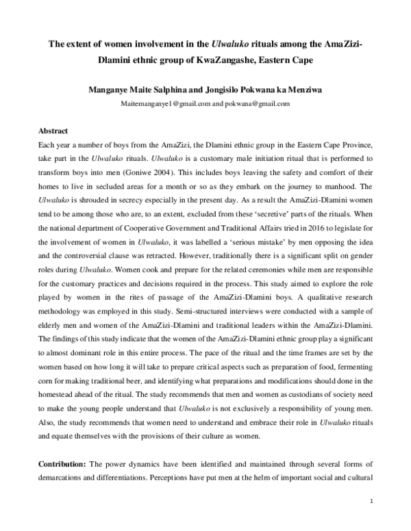 (PDF) The extent of women involvement in the Ulwaluko rituals among the ...