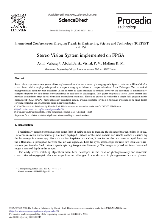 (PDF) Stereo Vision System Implemented on FPGA