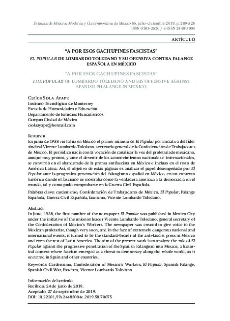 (PDF) A por esos gachupines fascistas": El Popular de Lombardo Toledano ...